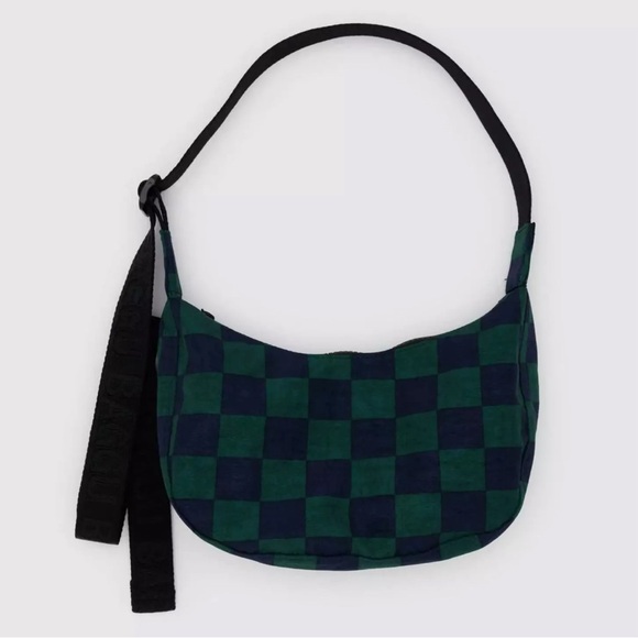 BAGGU | Bags | Baggu Small Crescent Navy Blue Green Checkered Nylon ...